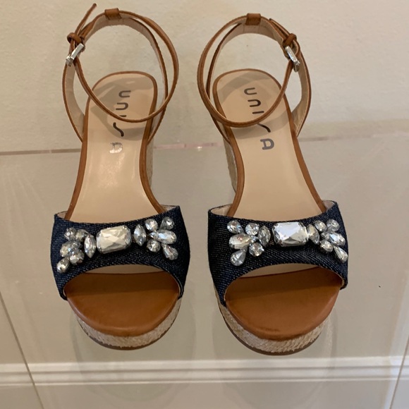 Unisa | Shoes | Unisa Clear Set Stones On Dark Blue Denim Wedge Sandals ...